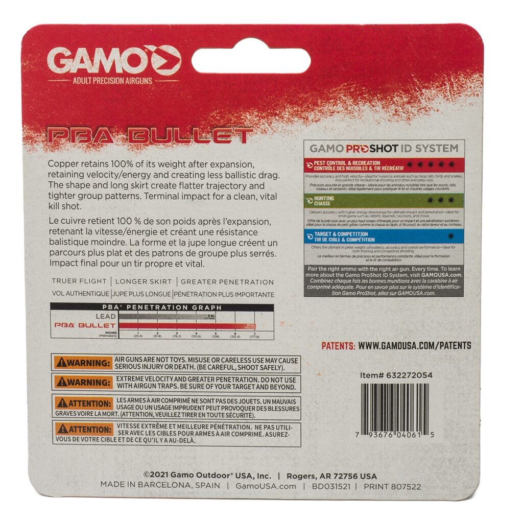 Gamo PBA Bullet Pellets .177 or .22 Caliber for Air Rifles, long skirt