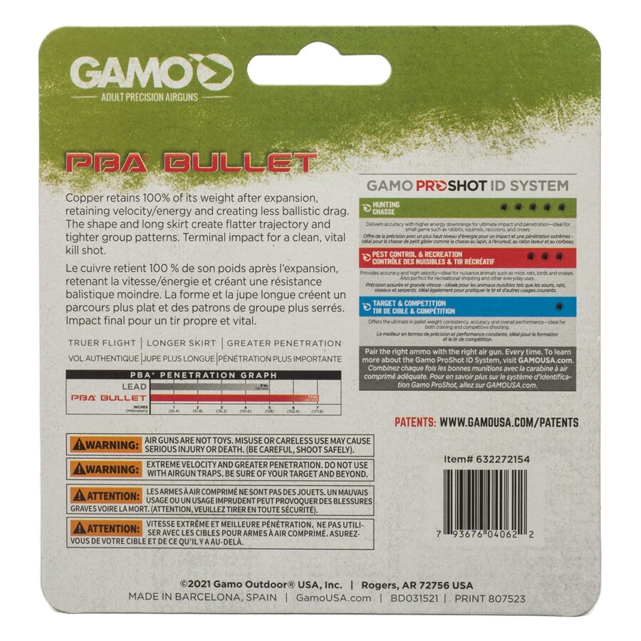 Gamo PBA Bullet Pellets .177 or .22 Caliber for Air Rifles, long skirt