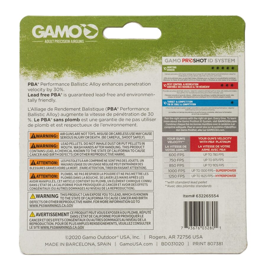 Gamo PBA Platinum Pellets .177 or .22 Caliber for Air Rifles
