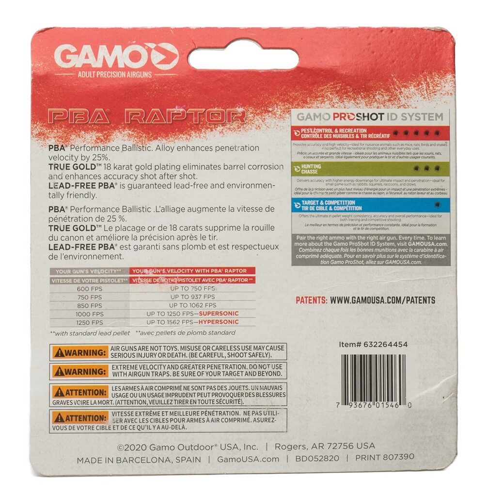 Gamo PBA Raptor Pellets, high performance airgun ammunition