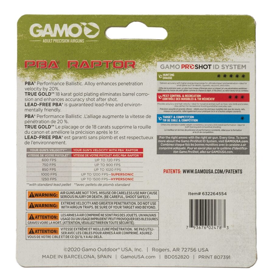 Gamo PBA Raptor Pellets, high performance airgun ammunition